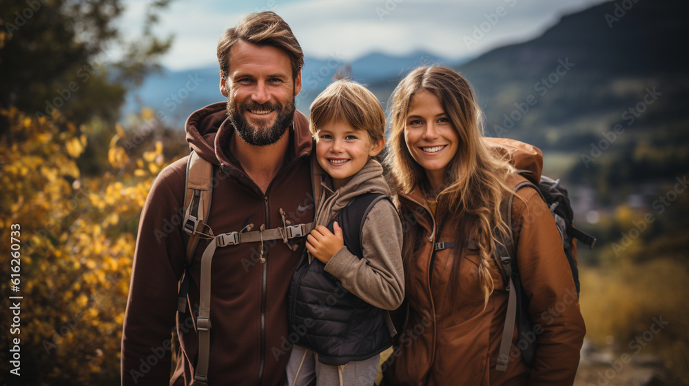 Adventurous family exploring a scenic hiking trail and enjoying the ...