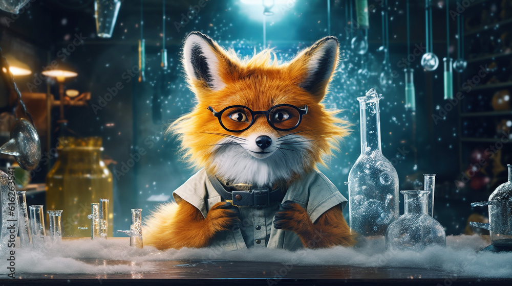 A curious fox scientist conducts experiments in a laboratory with ...
