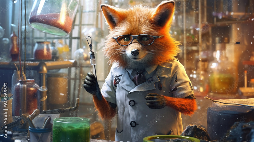 A curious fox scientist conducts experiments in a laboratory with ...