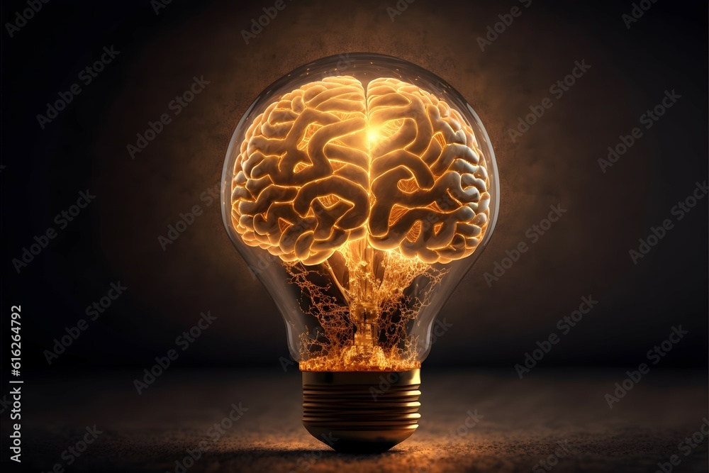 golden brain glowing inside light bulb on paper texture background ...