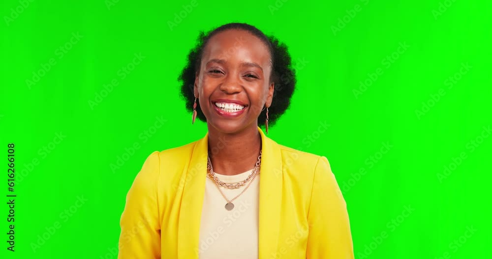 Green screen, thank you and black woman face with sign language, smile ...