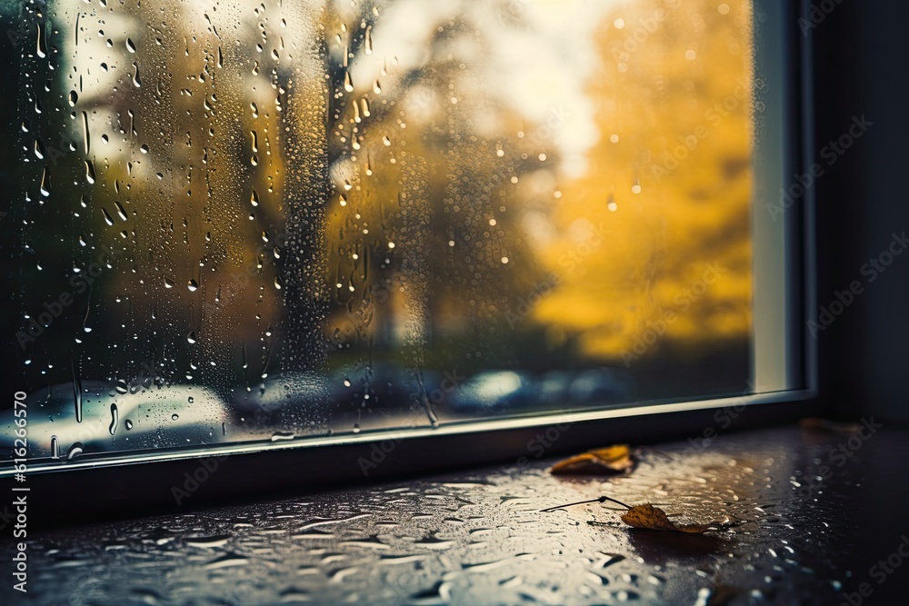 rainy day seen through a window with water droplets on the glass Stock ...