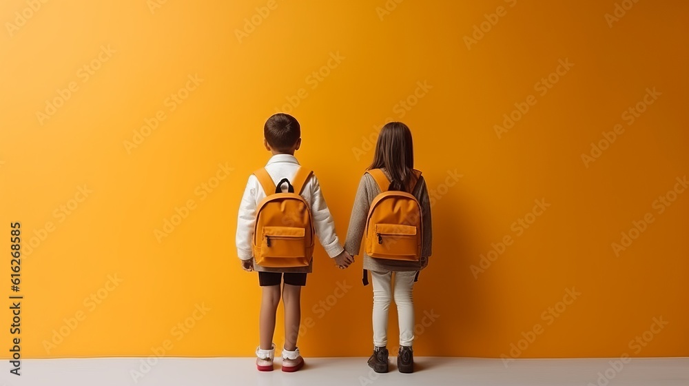 Children go hand in hand with school backpacks and a knapsack. Walk to ...