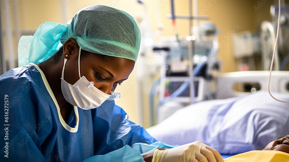A nurse in full personal protective equipment (PPE) caring for a ...