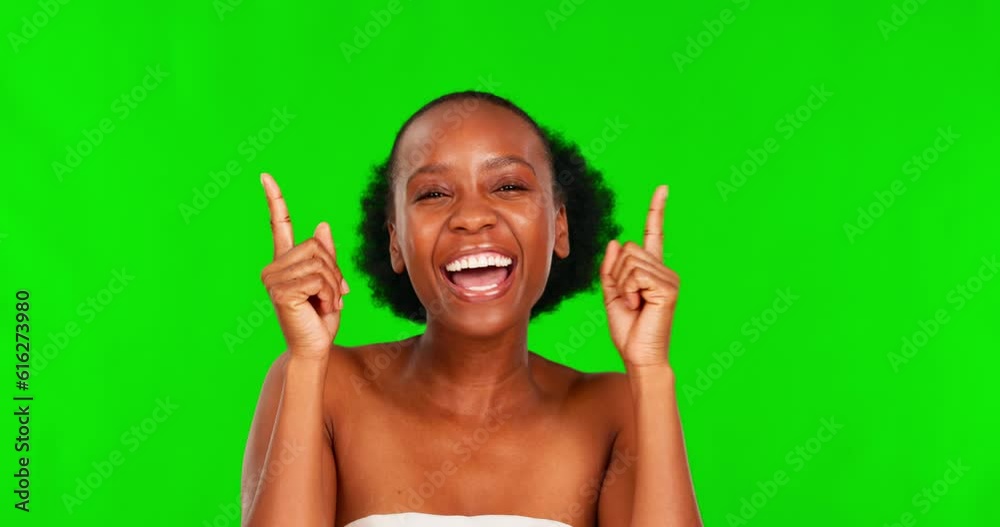 Green screen, face and black woman with beauty, pointing up and ...