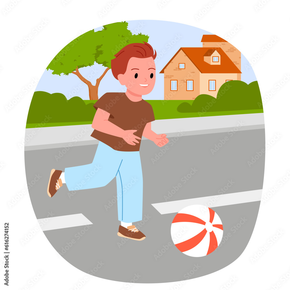 Danger for child on city road vector illustration. Cartoon naughty baby ...