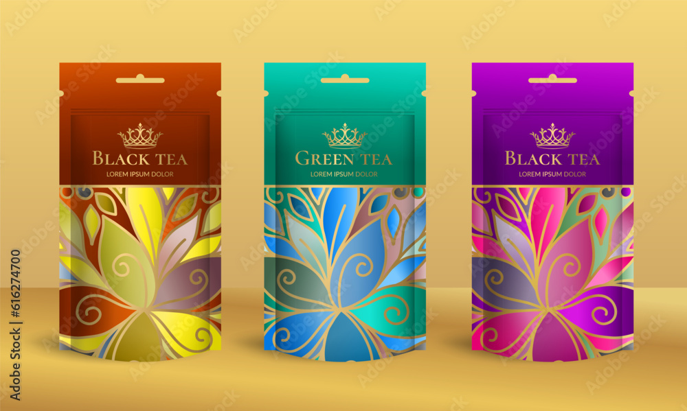 Tea packaging design with zip pouch bag mockup. Vector ornament ...