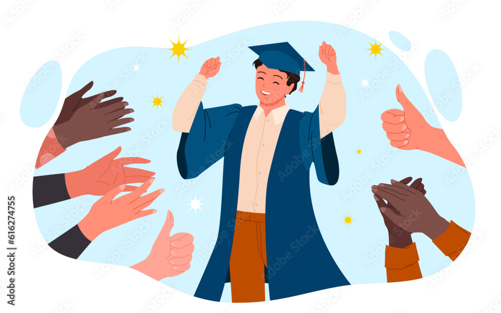 Hands clapping for graduate vector illustration. Cartoon happy young ...