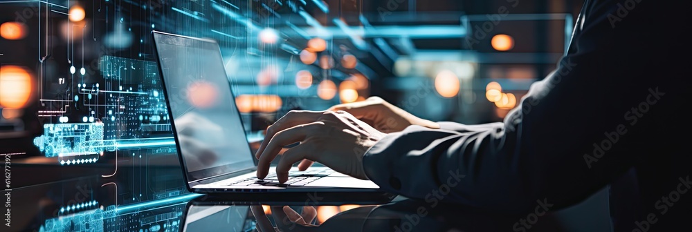 Data scientist, Programmer using laptop analyzing financial data on ...