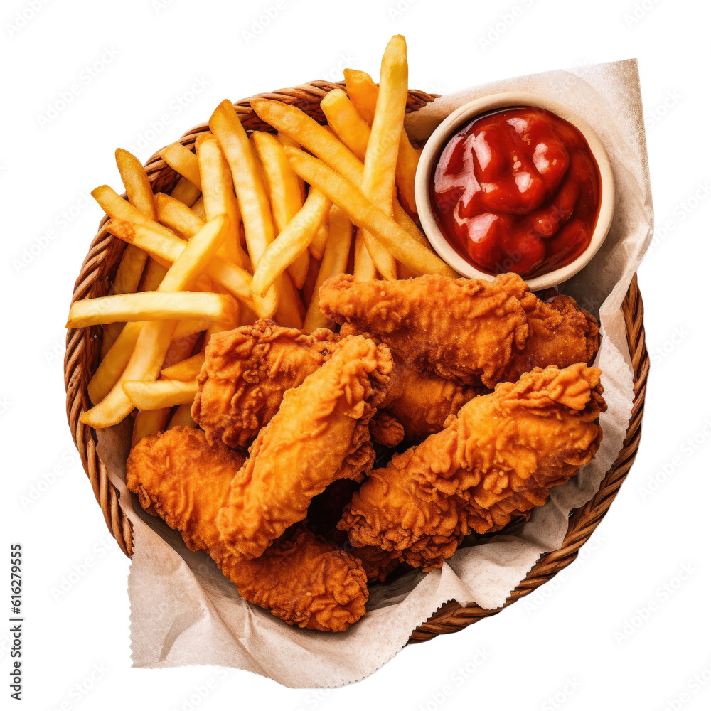 Delicious Basket of Chicken Strips and French Fries on a Transparent ...