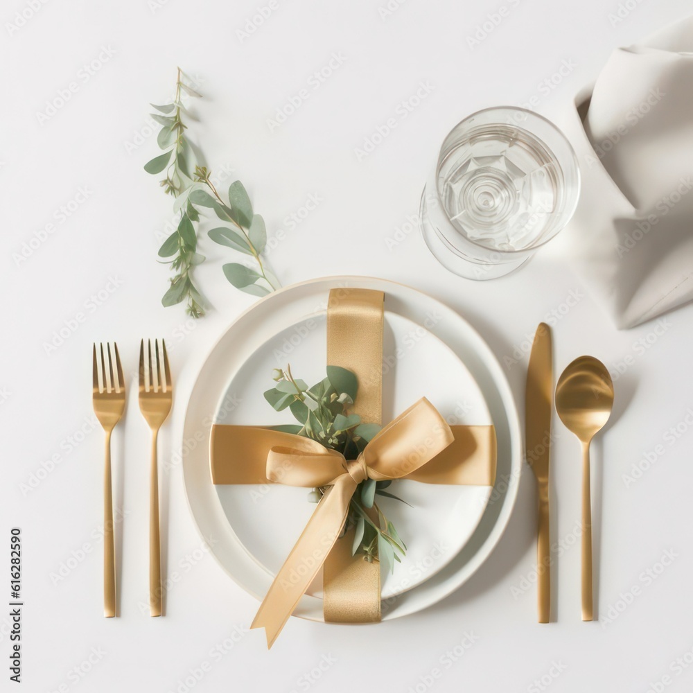 Festive wedding, birthday table setting with golden cutlery, eucalyptus parvifolia, silk ribbon ...