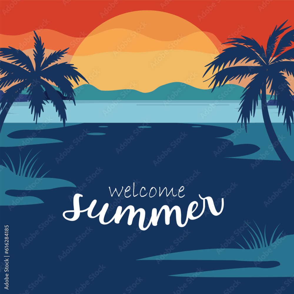 Hello summer. welcome summer. summer time vector illustration with ...