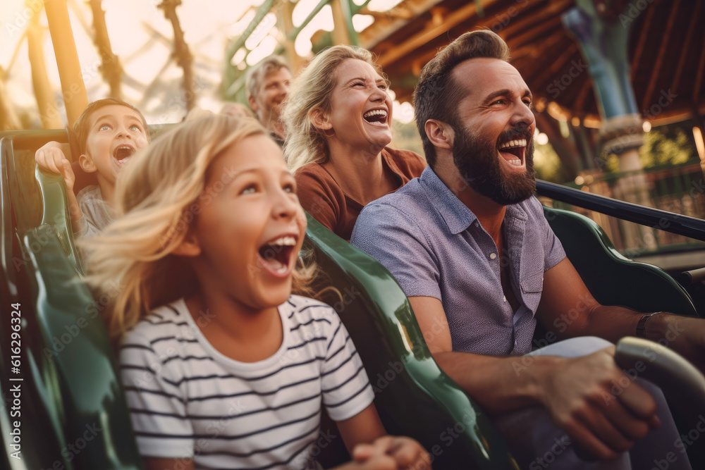 Young family having fun on a roller coaster ride at amusement park ...