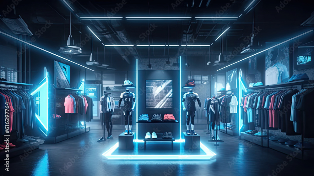 Trendy sports clothes apparel collection showcased in a sports store ...