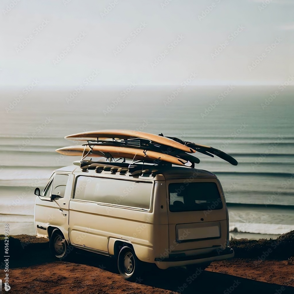 Vintage Retro Car Bus Camper Van with Surfboards Strapped to the Roof ...