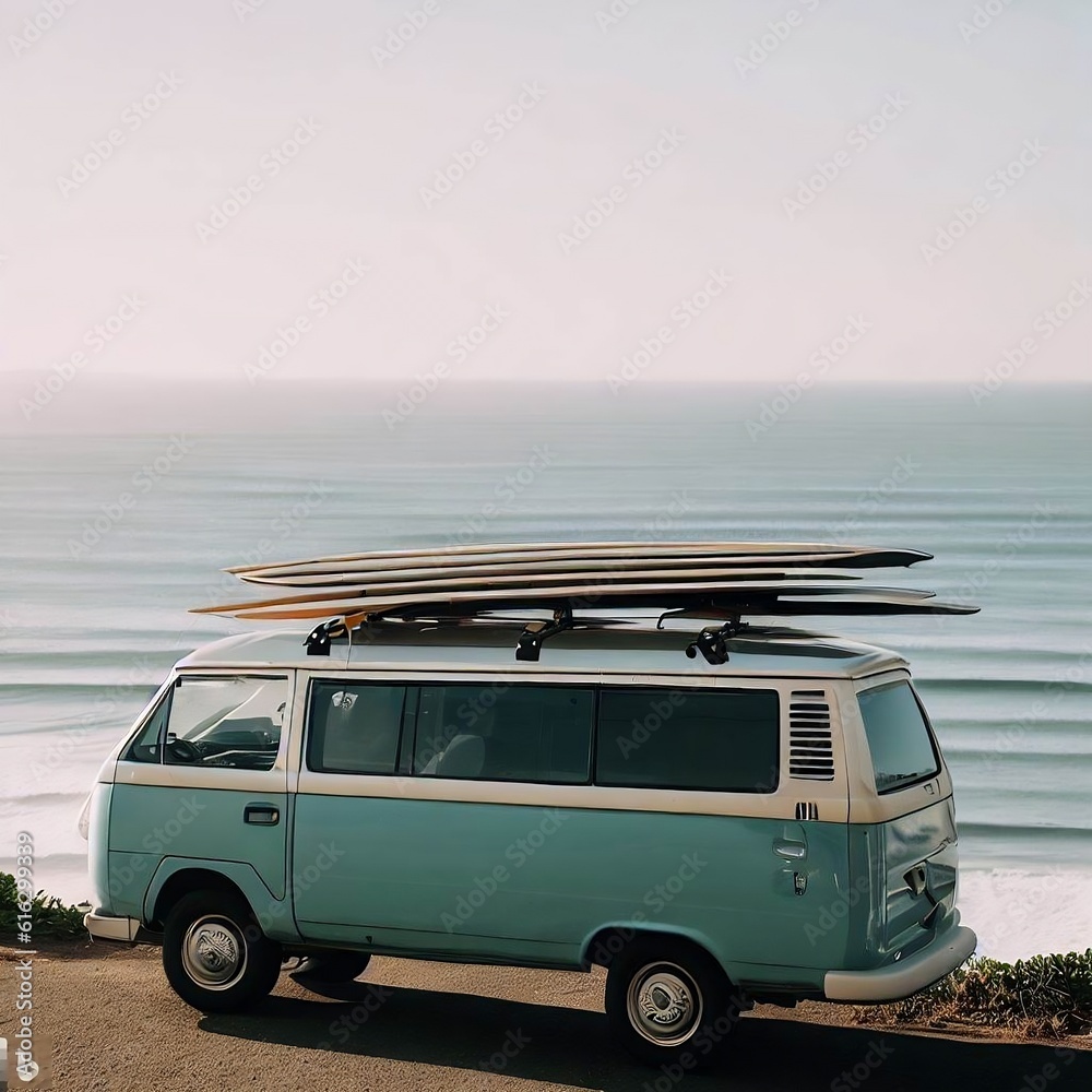 Vintage Retro Car Bus Camper Van with Surfboards Strapped to the Roof ...