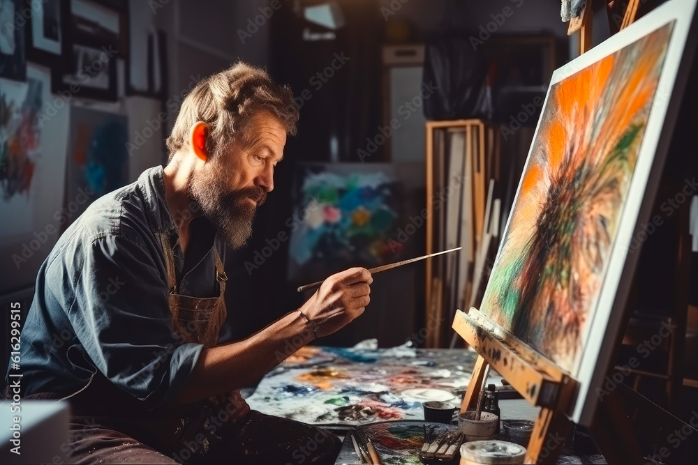 Male painter drawing a sketch on canvas in his art studio, creating art ...