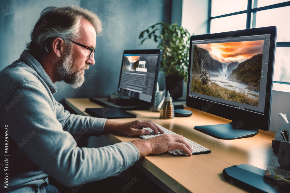 Focus man editing photos on his computer, working from home. Generative ...
