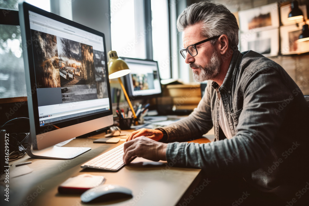 Focus man editing photos on his computer, working from home. Generative ...