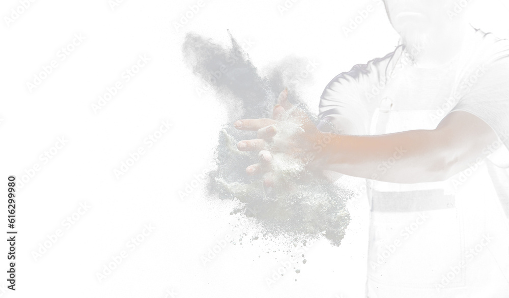 Chef prepare white flour dust for cooking bakery food. Elderly man Chef ...