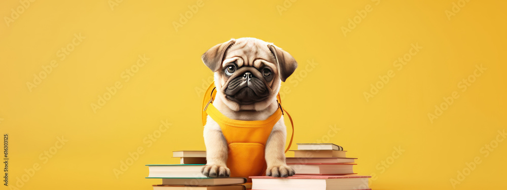 Education and reading concept - group of books with cute puppy ...