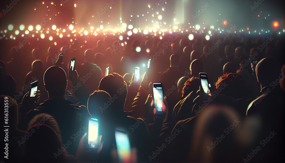 A crowd of people at a live event, concert or party holding hands and ...