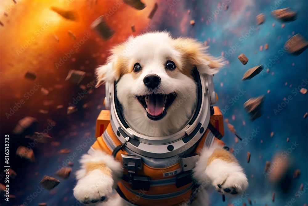Generative AI. a cute astronaut dog floating in space Stock ...