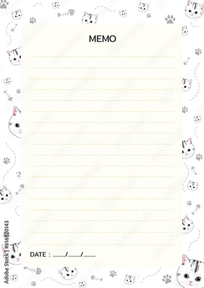 Memo pad, note pad with cute little cat drawing. Design template ...