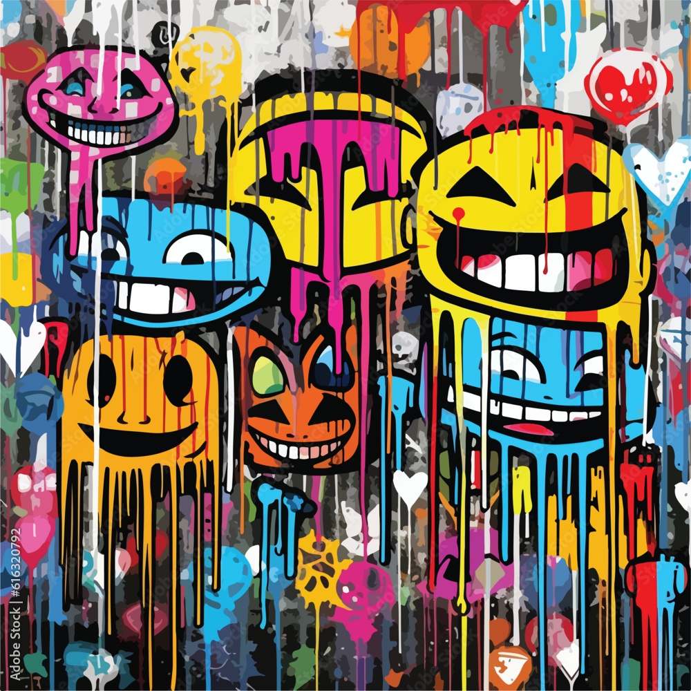 City graffiti smiling face. Various types of faces with drip, splash ...