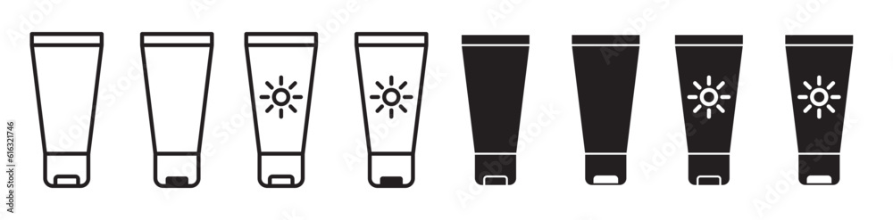 Sunscreen bottle icon set. Summer sun protection cream vector icon set ...