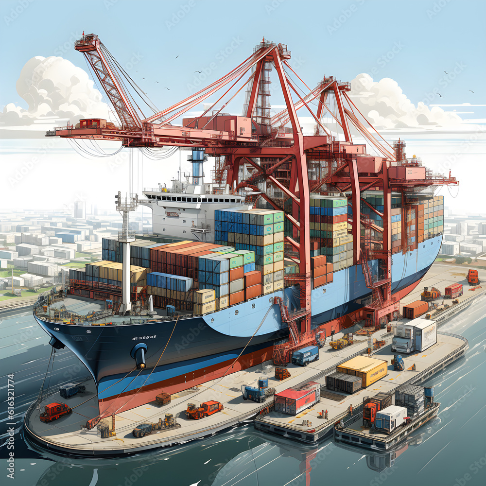detailed 2D isometric view of cargo ship at bustling port, surrounded ...