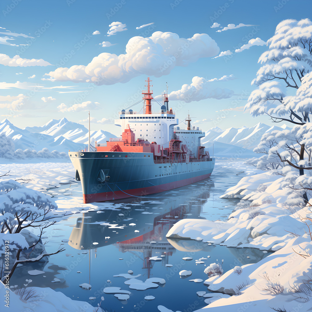isometric 2D illustration of cargo ship navigating through icy waters ...