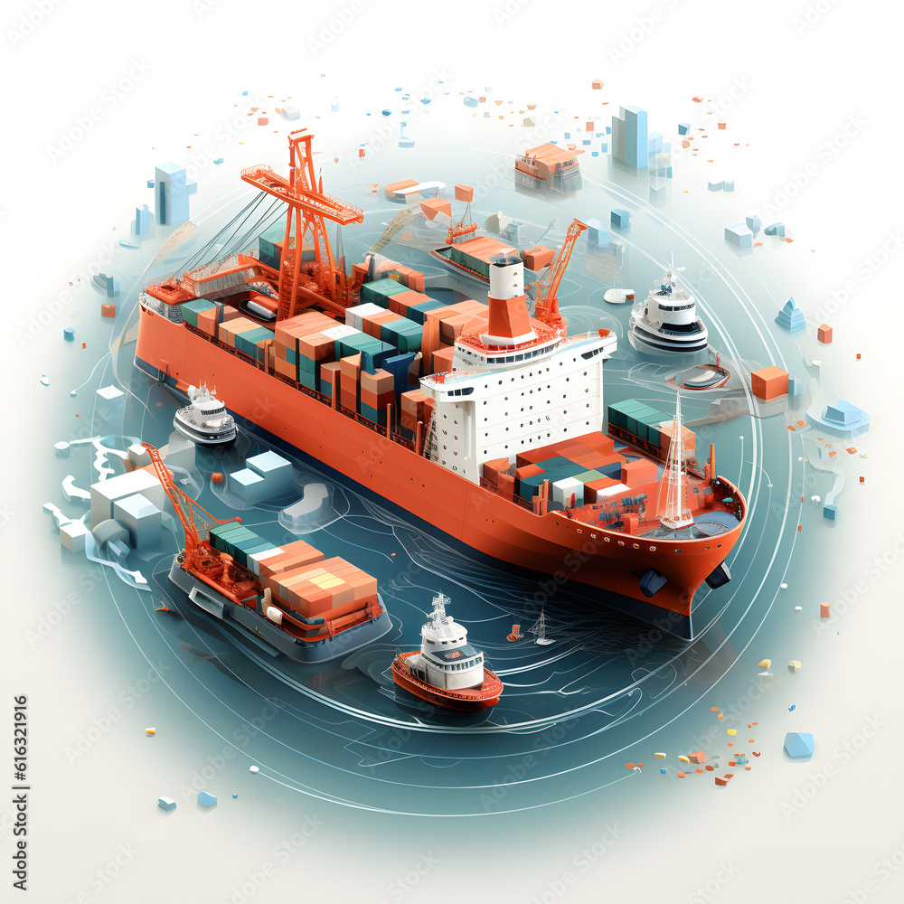 isometric 2D illustration of eight cargo ships forming circular ...