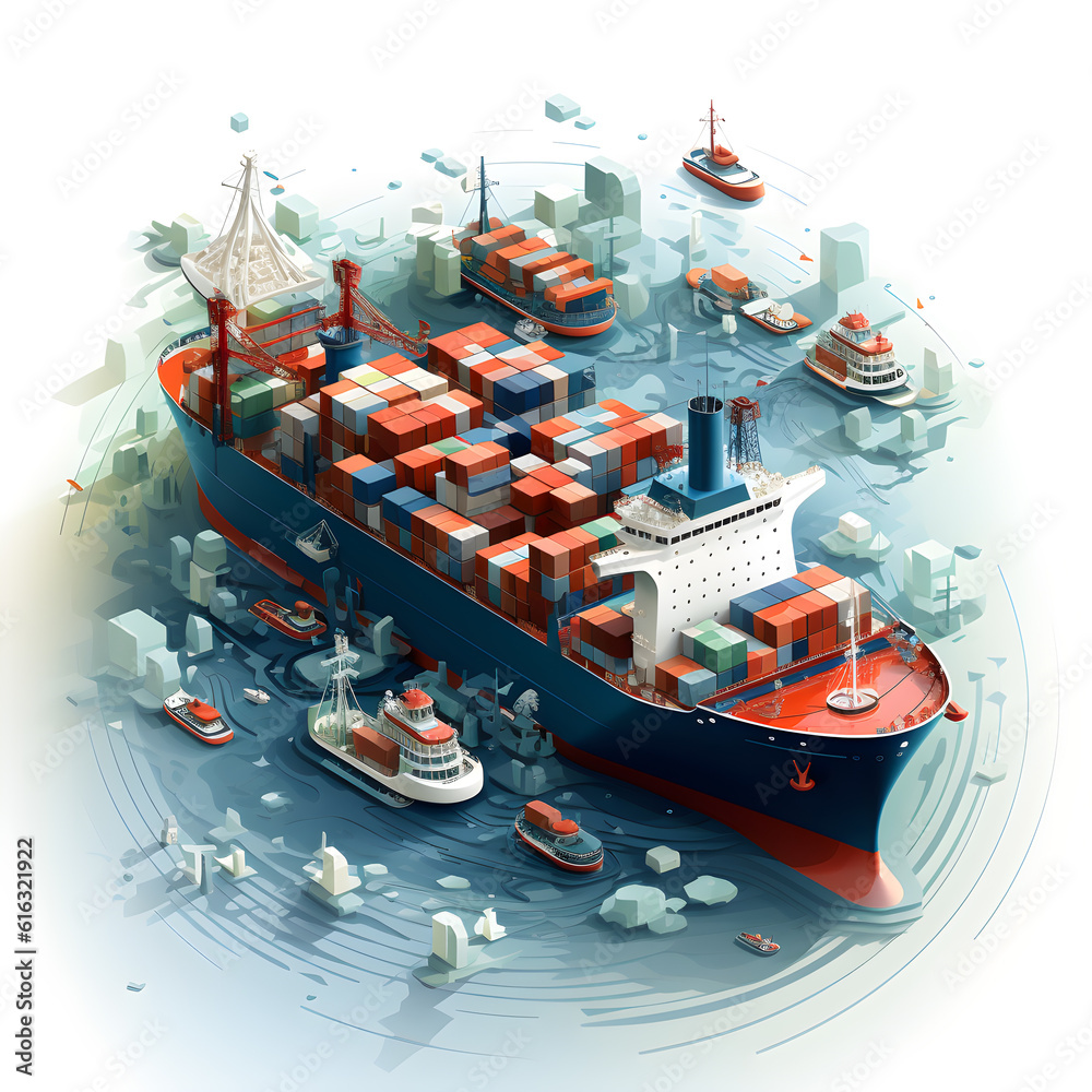 isometric 2D illustration of eight cargo ships forming circular ...