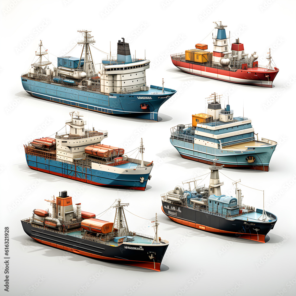 isometric 2D illustration of eight cargo ships in various sizes and ...