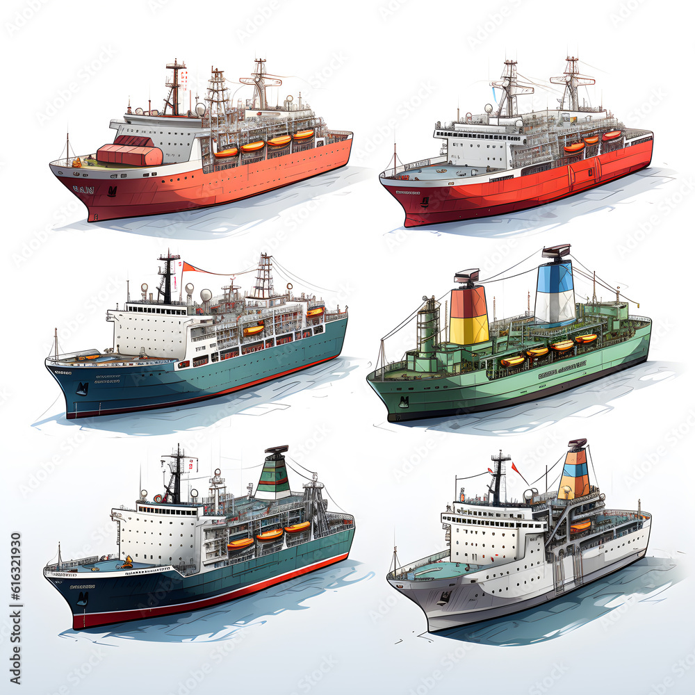 isometric 2D illustration of eight cargo ships in various sizes and ...
