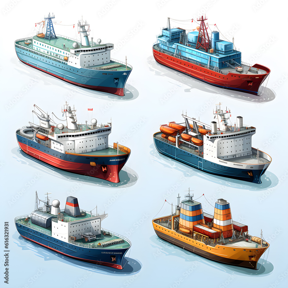 isometric 2D illustration of eight cargo ships in various sizes and ...