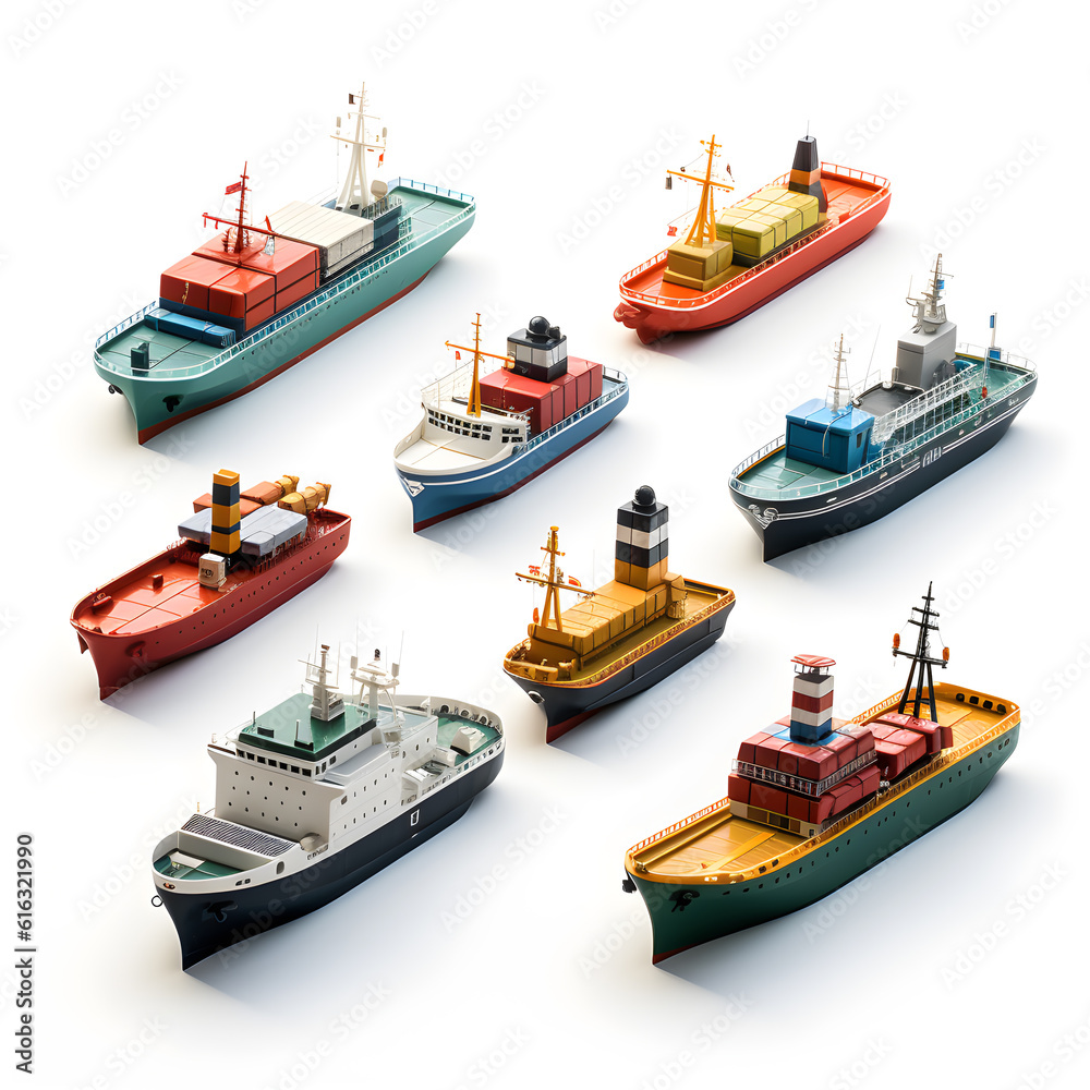 minimalist 2D isometric depiction of nine cargo ships, each represented ...