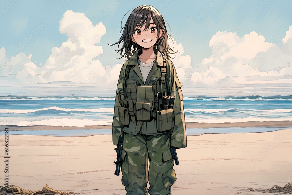 cute smile anime girl with military hip-hop fashion, army boots ...