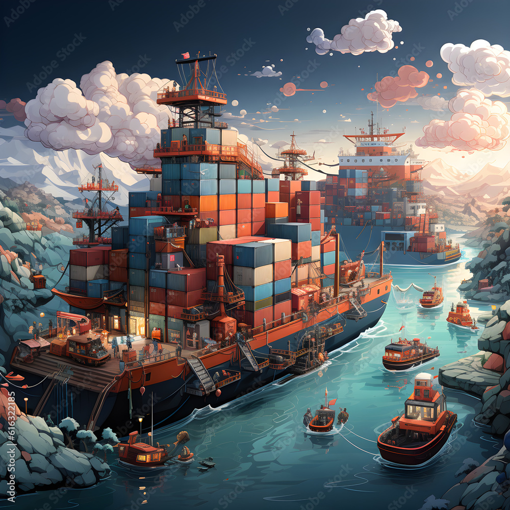 whimsical 2D isometric illustration of cargo ship transformed into ...