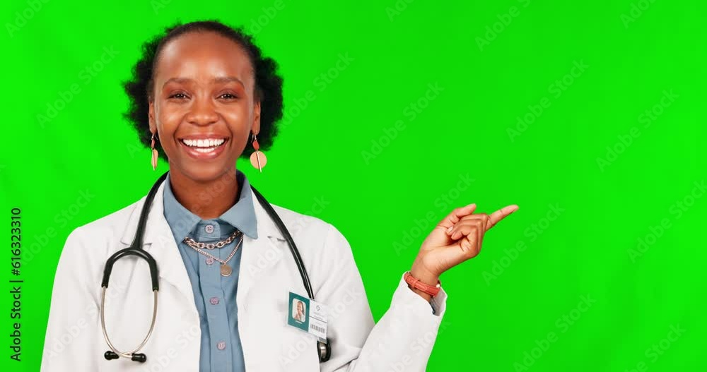 Show, pointing and face of female doctor on green screen for deal ...