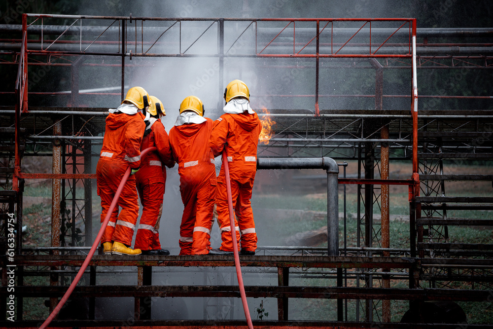 Poster Firefighters safety using twirl water fog type fire extinguisher ...
