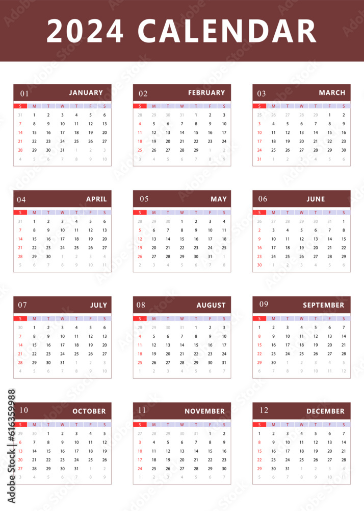 Monthly calendar template of year 2024. Vector design Stock Vector ...