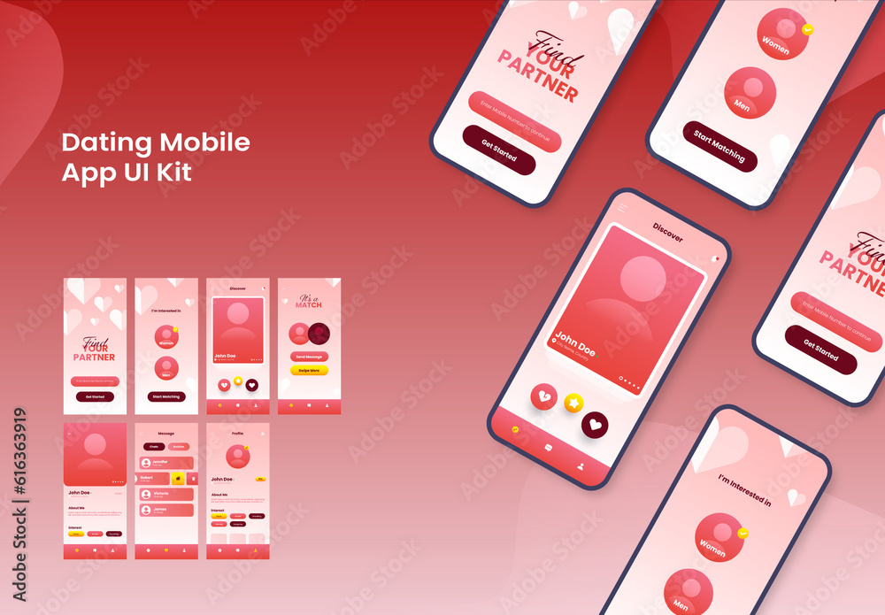 Dating App UI Kit for Responsive Mobile Application or Website with Multiple GUI Including Login ...