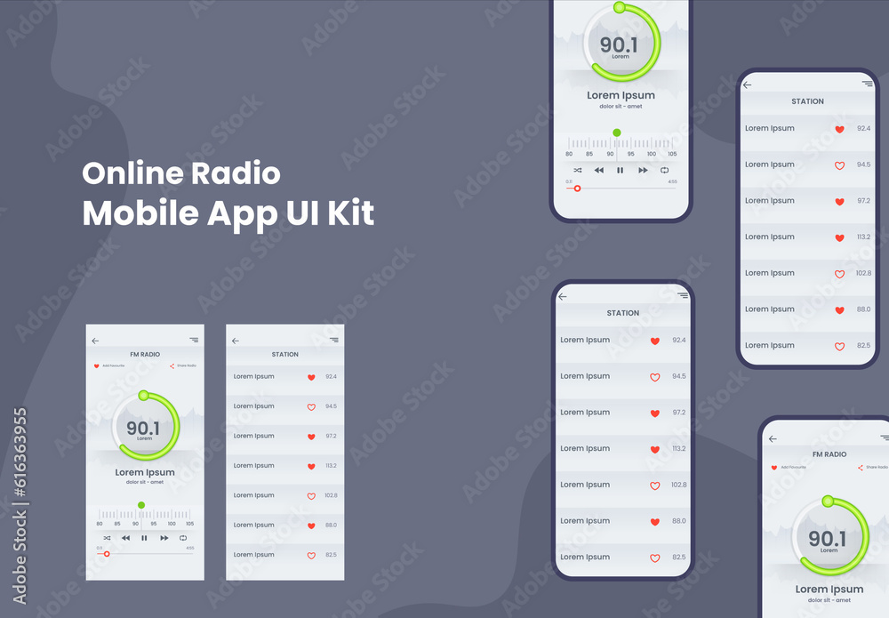 Online Radio Mobile App UI Kit Including FM Radio, Station Screens for ...