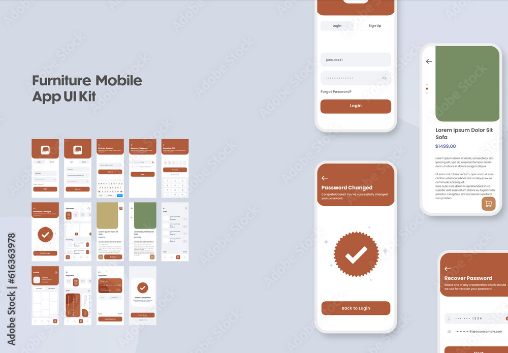 Furniture Mobile App UI Kit with Multiple Screens as Log in, Create ...
