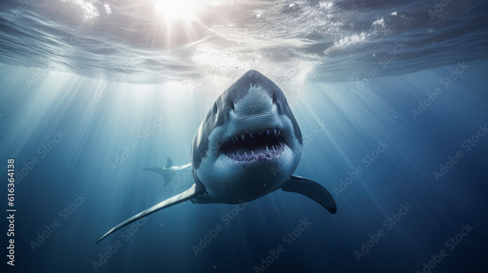 Great white shark underwater filming. Shark swims on camera under sun's ...