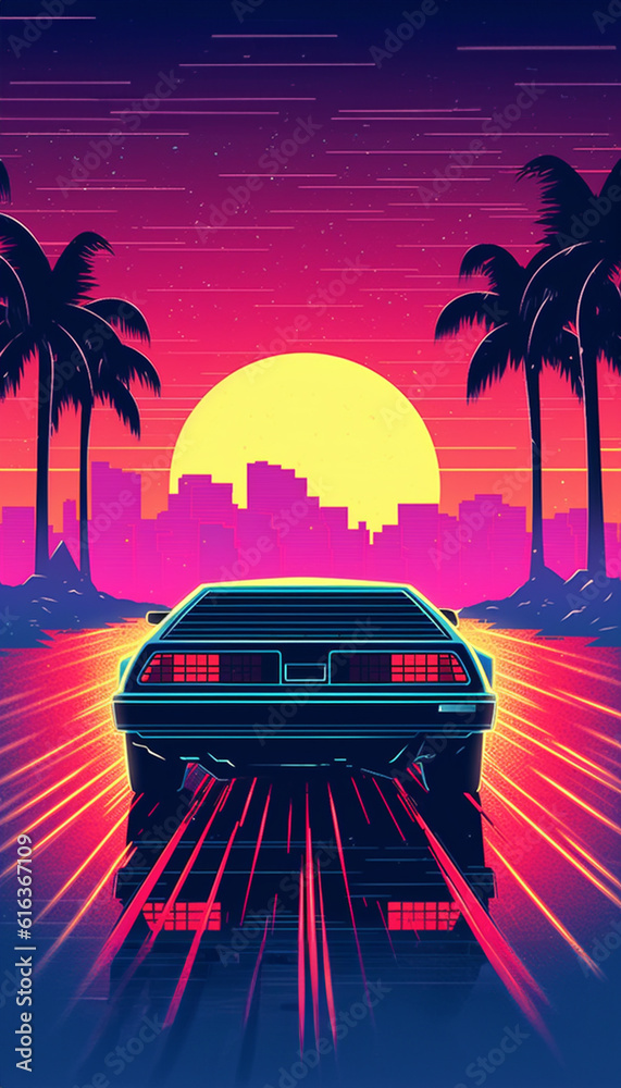 80s retro illustration car driving with sunset view. Synthwave 80s ...