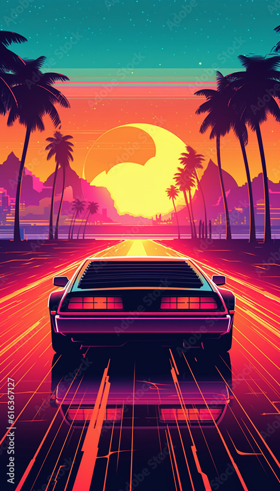 80s retro illustration car driving with sunset view. Synthwave 80s ...