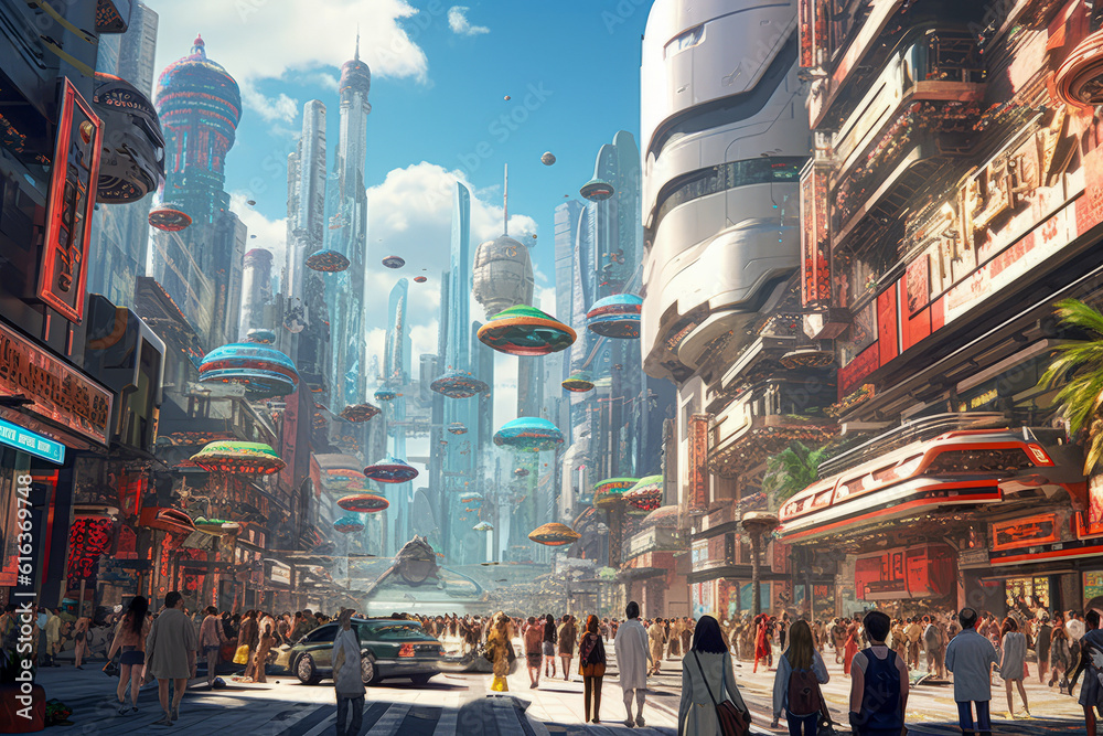 A technologically advanced city with towering skyscrapers and ...